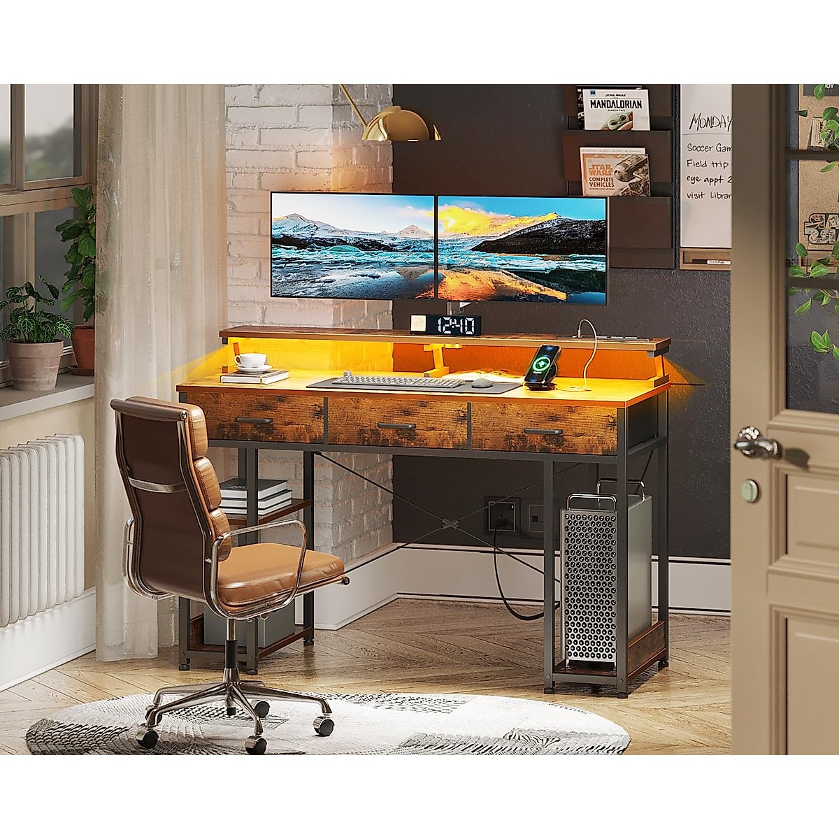AODK 48 inch Computer Desk with 3 Drawers, Gaming Desk with LED Lights & Power Outlets, Home Office Desk with Storage Shelves & Monitor Stand, Modern Work Study Writing Table for Small Spaces, Vintage