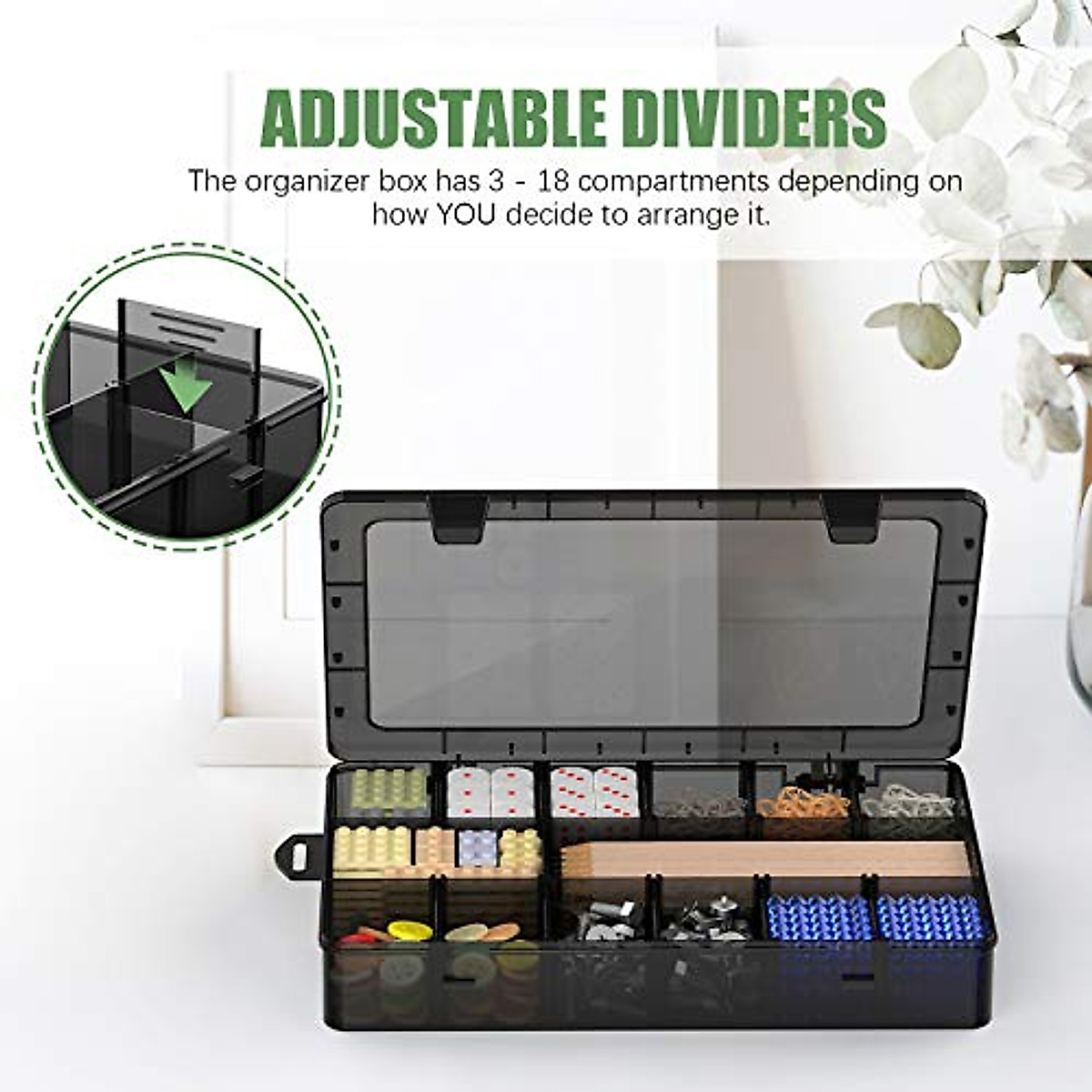 18 Grids Plastic Organizer Storage Box for Washi Tape, Tackle Box Organizer, Clear Black Spill Proof Container Jewelry Box with Adjustable Removable Dividers for Beads Art DIY Crafts