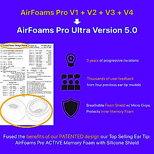CharJenPro Patented AirFoams Pro Ultra V5.0 Memory Foam Ear Tips w/Foam Shield for AirPods Pro 1st & 2nd Gen, Newest Version 5.0, Secure, Comfortable, Super Noise Cancellation, Replacement Buds, SML
