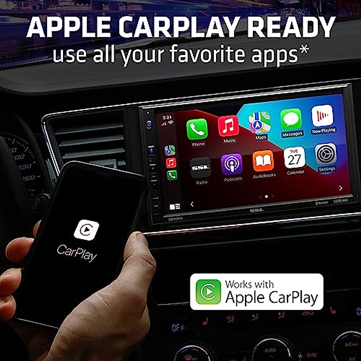 Sound Storm Laboratories DD7CPA-C Car Audio Stereo – Apple CarPlay Android Auto, Double Din 7 Inch Touchscreen, Bluetooth Audio and Hands-Free Calling, No CD DVD Player, Radio Receiver, Backup Camera
