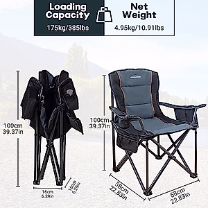 Overmont Oversized Camping Folding Chair Heavy Duty Steel Frame Collapsible Padded Arm Chair with Cup Holder Cooler Pocket Quad Lumbar Back, Portable for Outdoor Beach Fishing Support 385 LBS