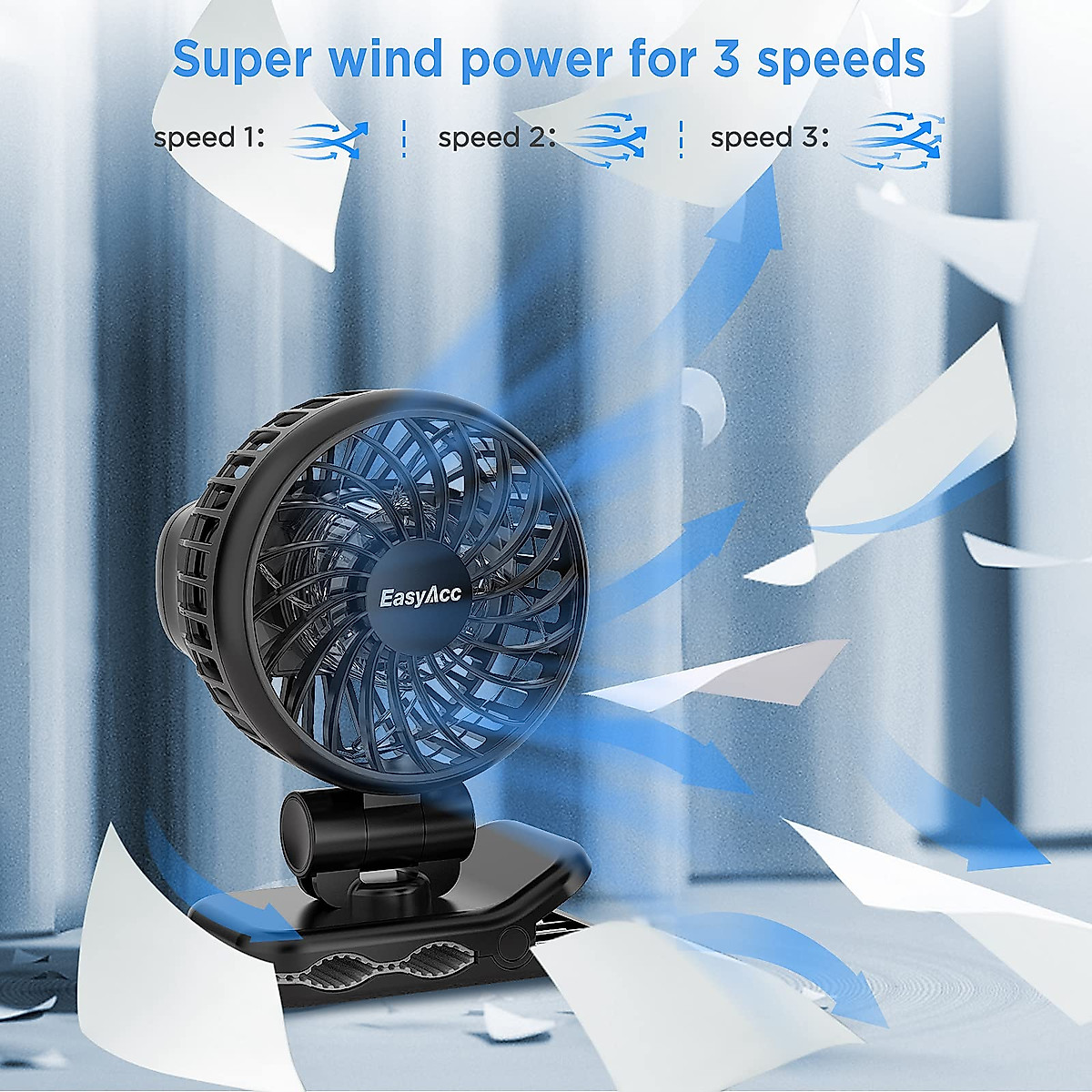 Stroller Fan, EasyAcc Rechargeable Battery Operated Mini Fan Clip on Fan, 540° Rotation Portable Fan with Narrow Gap Grille for Baby Safety, 3 Speeds Personal Desk Fan for Crib Umbrella Straps (Black)