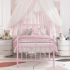Weehom Pink Metal Bed Frame Twin Size with Headboard Mattress Foundation Support Heavy Duty Steel Slat No Box Spring Need for Girls