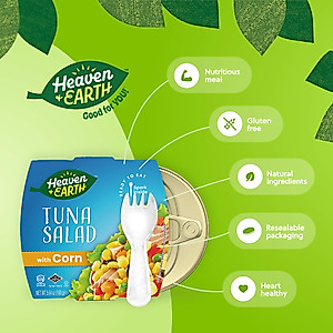 Heaven & Earth Ready to Eat Tuna Salad with Corn & Vegetables, 5.64oz (4 Pack) | Great Source of Protein | Travel Friendly Meals | Spork Included