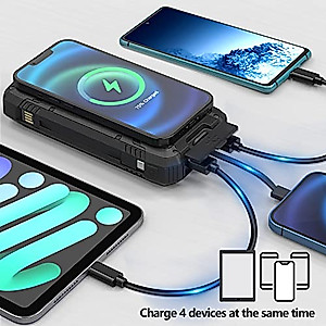 DJKK Solar Charger Power Bank, 36800mAH Waterproof Solar Power Bank, Qi 15W Portable Wireless Charger Built-in Dual USB A Output-a 5V/3A USB C Output with External 3 Wires and an Flashlight (Black)…