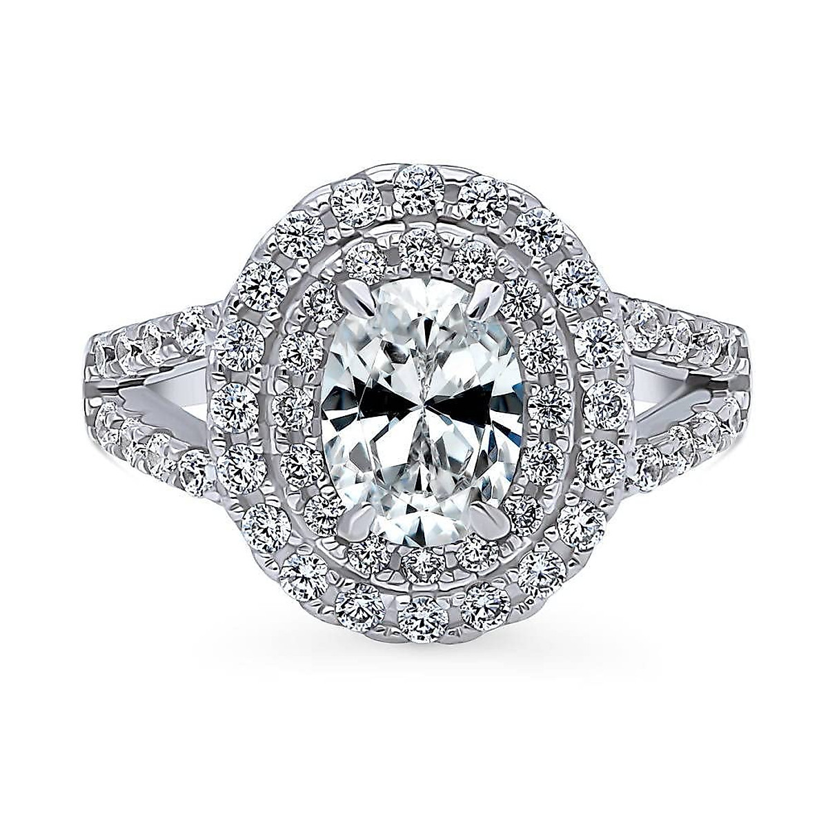 BERRICLE Sterling Silver Halo Wedding Engagement Rings Oval Cut Cubic Zirconia CZ Statement Cocktail Split Shank Ring for Women, Rhodium Plated Size 6