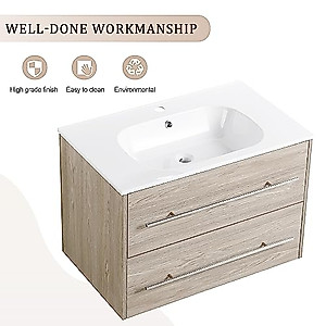 QuixotYDDZ 30" Wall-Mounted Bathroom Vanity Cabinet with Gel Sink Top, Single Sink Floating Bathroom Vanity with Two Drawers, Bathroom Storage Cabinet for Small Space, White Oak