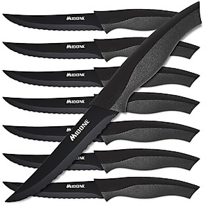 MIDONE 8 Pcs Steak Knives, Steak Knives Set of 8, High-Carbon Stainless Steel Steak Knife Set, Ergonomic Handles Serrated Steak Knives for Precise Cutting, Elegant Black
