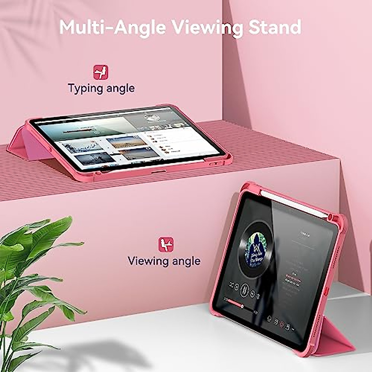 OKP for iPad Air 5th/4th Generation Case 2022/2020, iPad Air Case 5/4 Gen 10.9 inch with Pencil Holder, Auto Sleep/Wake, Slim Lightweight Trifold Folio Smart Cover for Girls Women, Clear Back Pink