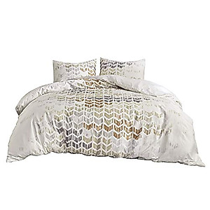 Inspire by INTELLIGENT DESIGN Reversible 100% Cotton Sateen Duvet - Breathable Comforter Cover, Modern All Season Bedding Set with Sham (Insert Excluded), Cape, Chevron Grey Full/Queen(90"x90")