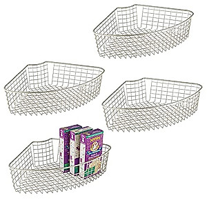 mDesign Wire Basket for Corner Cabinet Lazy Susan with Front Handle - Kitchen Cabinet, Shelf, and Pantry Corner Bin - 1/4 Wedge Metal Organizer for Lazy Susan - Concerto Collection - 4 Pack - Satin