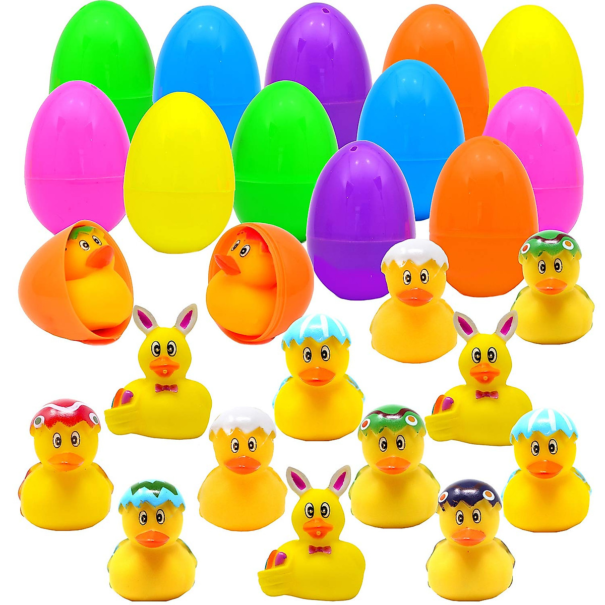 JOYIN 12 PCS Filled Easter Eggs with Rubber Duck and Rabbit Duckies, Bright Colorful Prefilled Easter Eggs for Kids Fun Bath Toys, Basket Stuffers and Party Favors