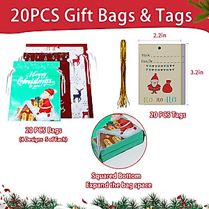 Christmas Gift Bags Assorted Sizes - 20PCS Drawstring Christmas Bags for Presents, Christmas Wrapping Bags Bulk, Plastic Xmas Favor Bags, 4 Designs (5 of Each) Extra Large/Big/Medium/Small Sizes