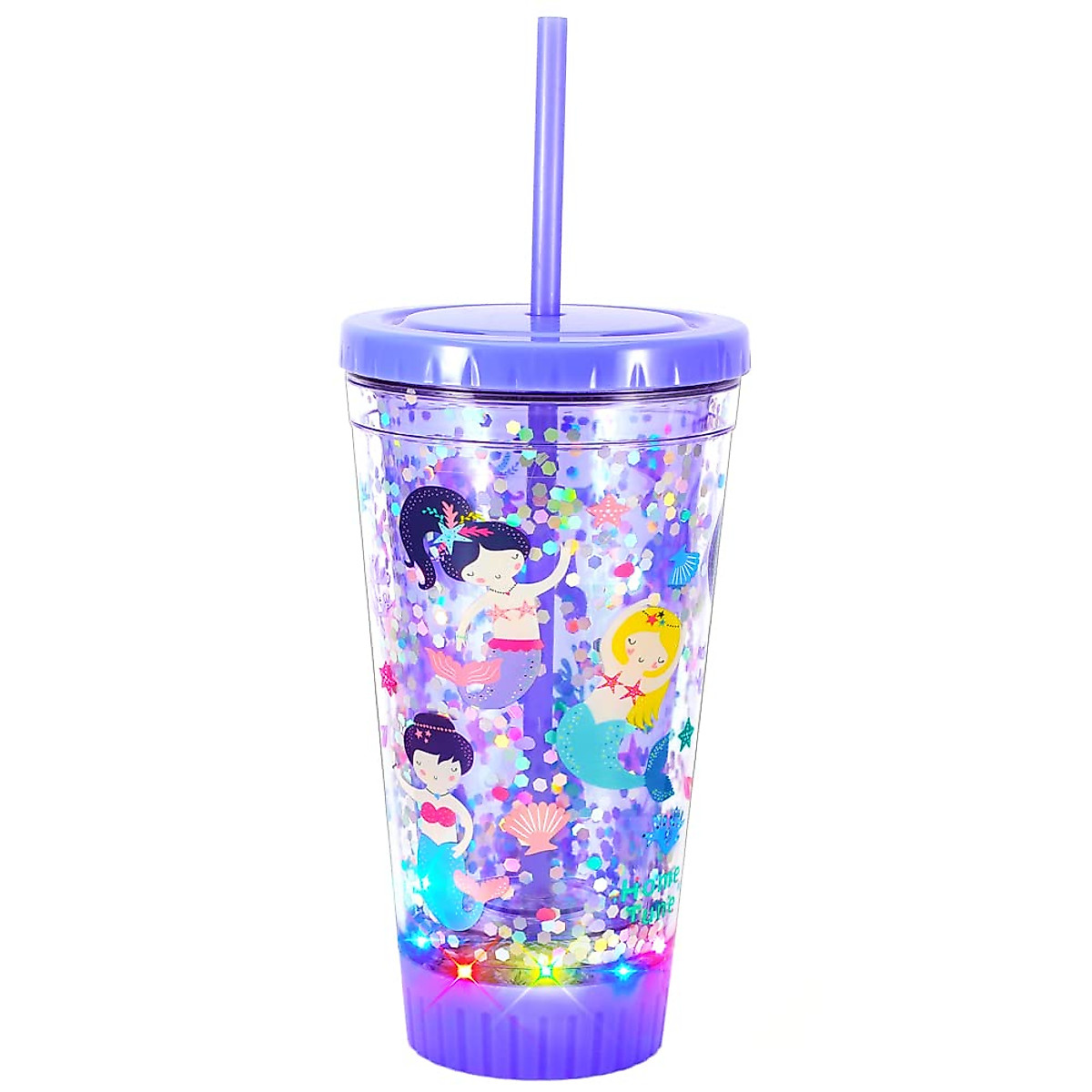 GILANO 18oz Kids Tumbler Water Drinking Bottle with LED Light Up - BPA Free, Straw Lid Cup, Reusable, Lightweight, Spill-Proof Water Bottle with Cute Design for Girls & Boys (Mermaid)