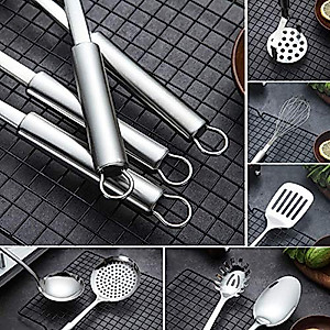 Berglander Cooking Utensil Set 8 Piece, Stainless Steel Kitchen Tool Set with Stand,Cooking Utensils, Slotted Tuner, Ladle, Skimmer, Serving Spoon, Pasta Server,Potato Maseher, Egg Whisk. （8 Pieces）