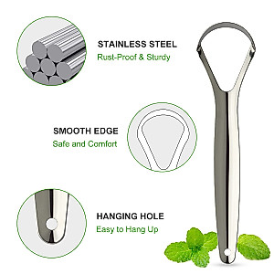 Stainless Steel Tongue scraper for Adults and Kids, Fights Bad Breath, 2 Pack Tongue Cleaner with Travel Case, Great for Oral Care, Non-Synthetic Metal Handle, Easy to Clean