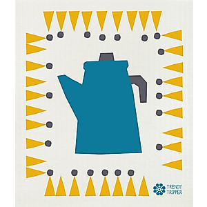 Trendy Tripper Swedish Dishcloths/Sponge Cloths - Anna Kovecses Midcentury Designs - Set of 3 Kettle/Cups/Bowls (Cobalt Blue/Yellow/Orange on Natural)