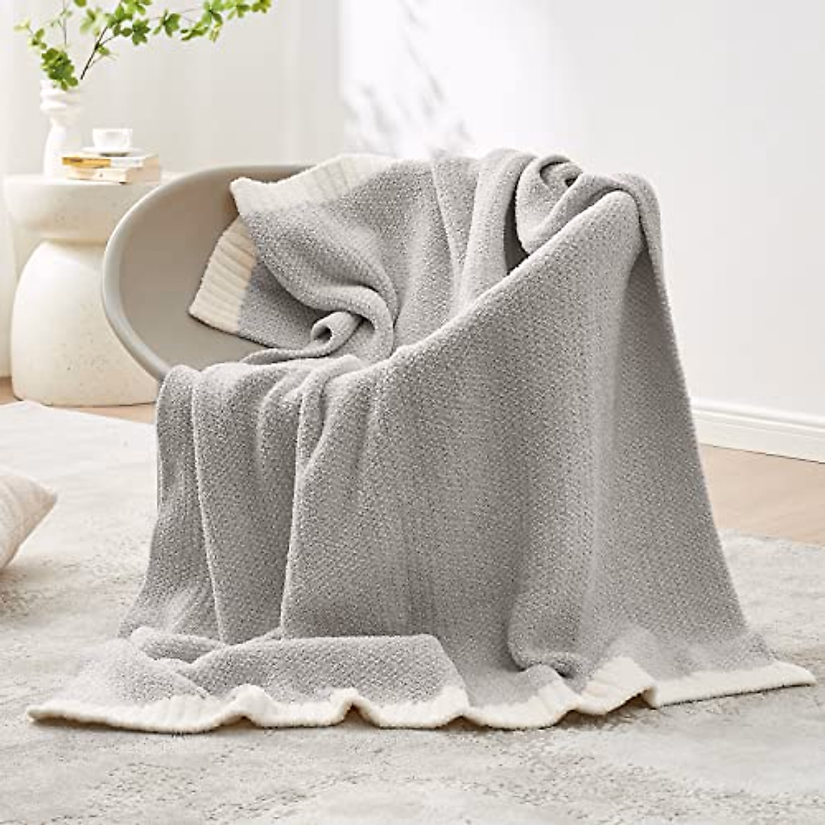 Snuggle Sac Heather Grey Throw Blanket for Couch, Reversible Throw Blanket Warm Cozy Knit Fuzzy Plush Lightweight for Sofa, Bed, Camping, Picnic, 50 x 60 inch