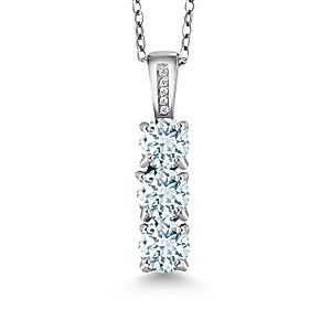 Gem Stone King 925 Sterling Silver Sky Blue Aquamarine and Diamond Women's 3-Stone Pendant Necklace (1.24 Cttw, Gemstone Birthstone, Round 5MM, with 18 Inch Silver Chain)