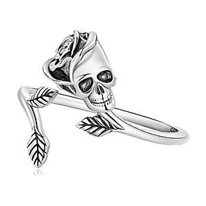 Vintage Rose Flower Skull Open Statement Rings 925 Sterling Silver Adjustable Leaf Wrap Finger Band Skeleton Stacking Promise Ring Punk Halloween Jewelry for Women Girls