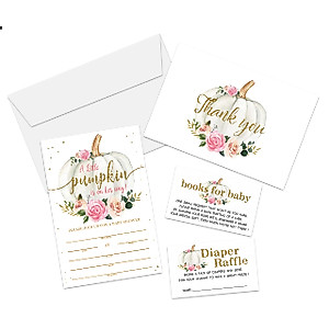 Pumpkin Floral Baby Shower Invitation Set, Books For Baby, Thank You, Diaper Raffle, Fill In Invites Cards,Each Design 25 Cards & Envelopes (Total 100 Cards) – (b011-taozhuang)