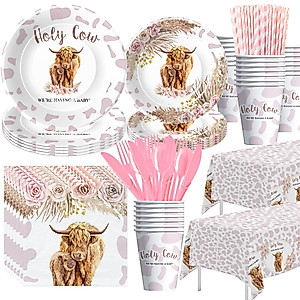 Xenorik Highland Cow Baby Shower Decorations Tableware - Holy Cow Baby Girl Party Supplies, Paper Plate, Cup, Napkin, Tablecloth, Cutlery, Boho Highland Cow Baby Shower Table Decorations | Serve 24