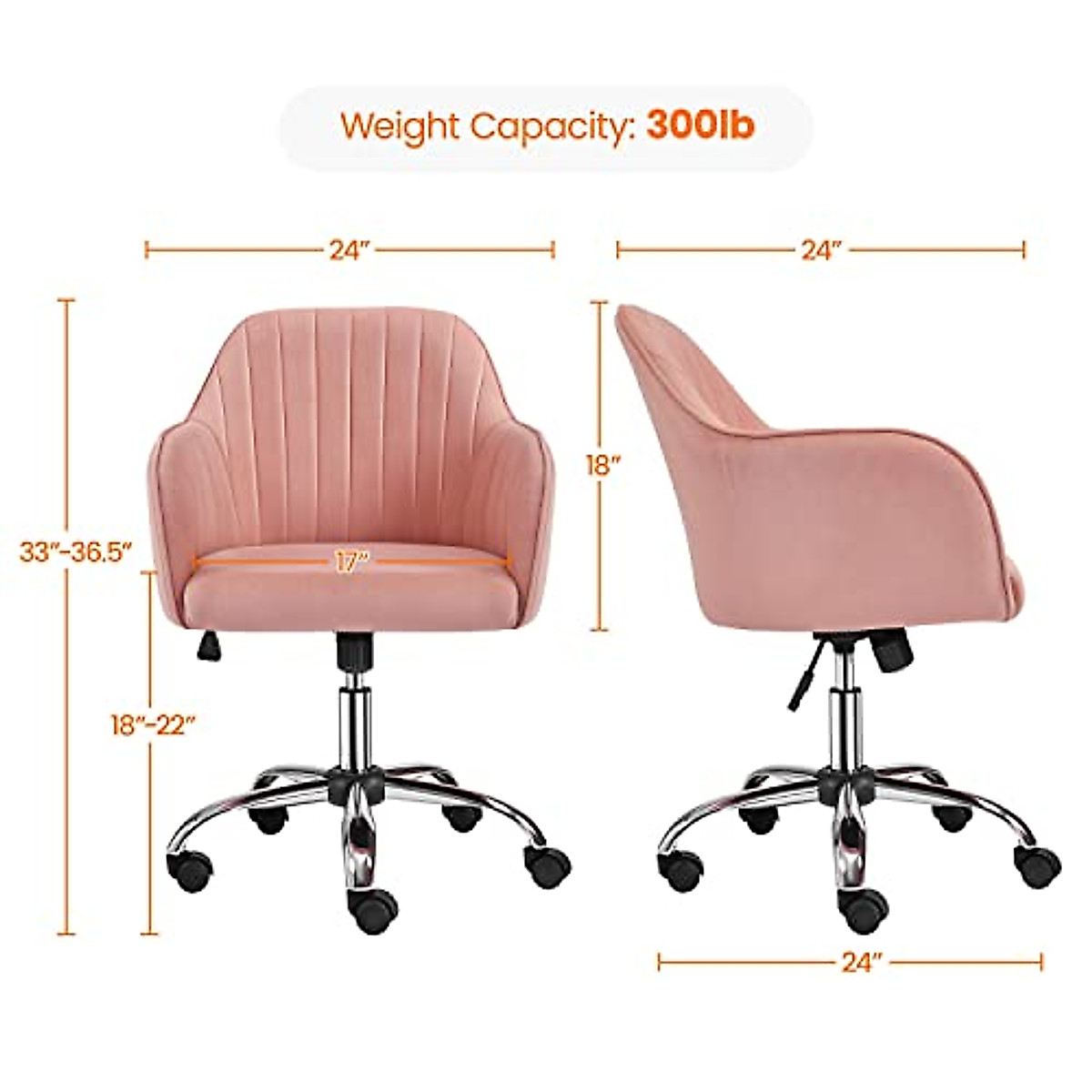 Yaheetech Velvet Office Desk Chair Height Adjustable Task Chairs Modern Office Chair Makeup Chair 360° Swivel Computer Chair Mid Back Chair Living Room Chairs with Arms&Stainless Base Accent Pink