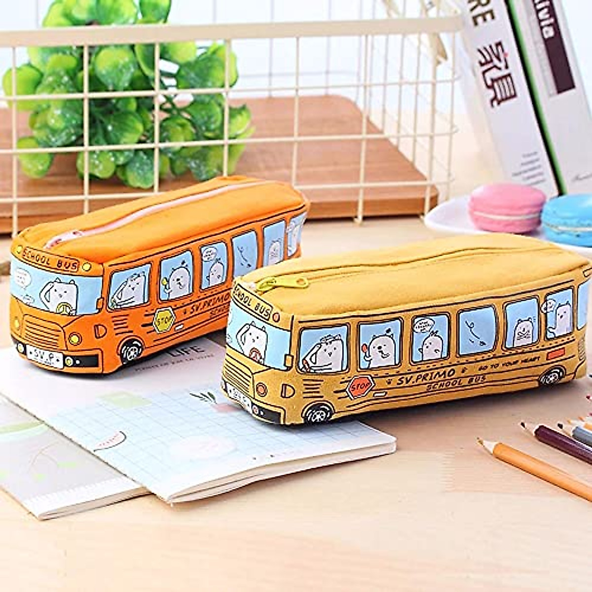 Pencil Bag, Pencil Case, Kawaii Pencil Pouch, Large Capacity Canvas Pen Bag, School Bus Shape Pencil Bag(blue)