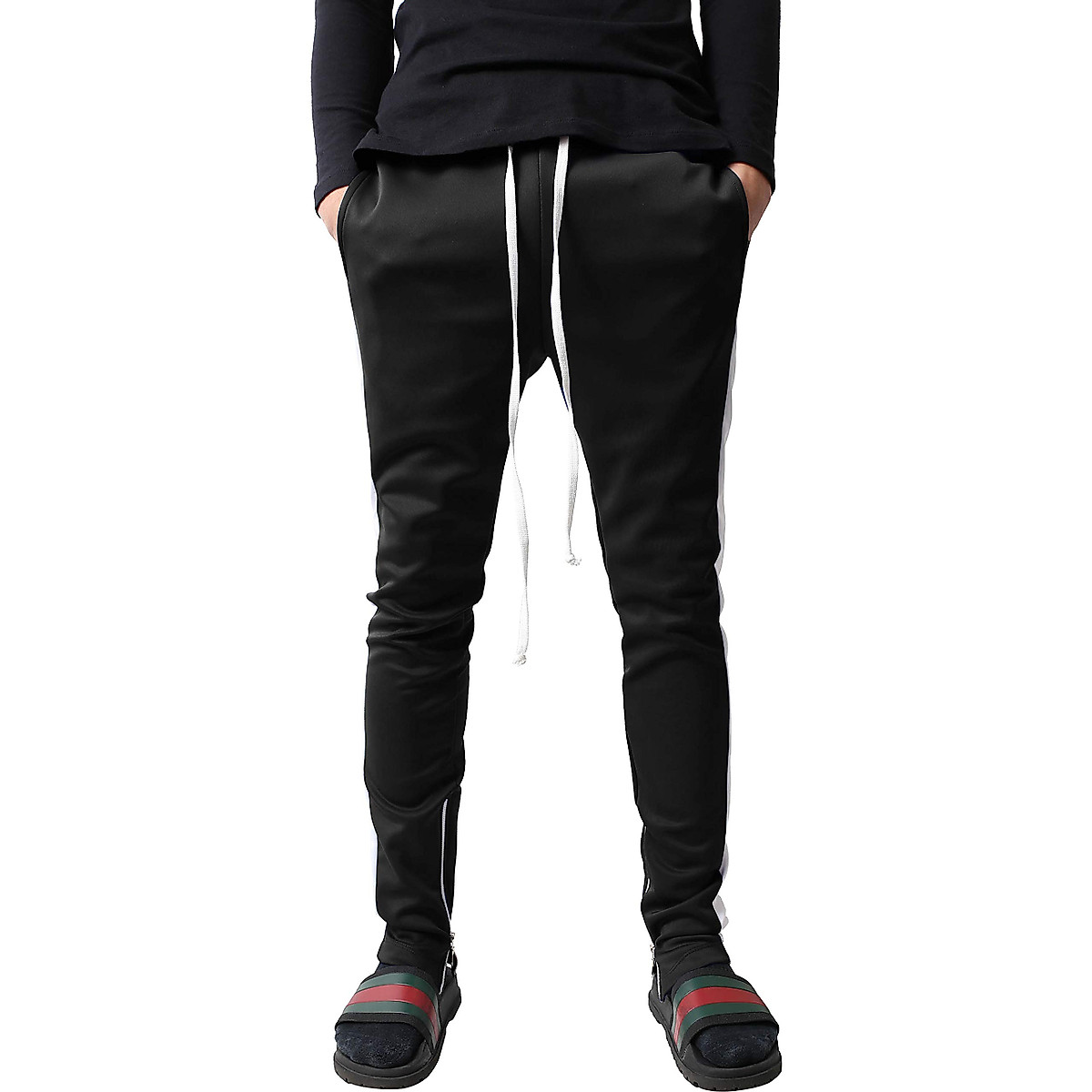 Mens Stripe Track Pants Skinny Fit Stretch Trouser Elastic Jogger 1VWA0006(Medium, P122_blk/WHI)