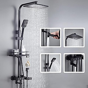 tatic Rain Shower System with Handheld,Wall Mounted Rainfall Shower Head with Shelf, Shower Faucet Set with Brass Mixer Valve and Toilet Bidet Sprayer, Black Shower Combo Kit Compatible with Ba