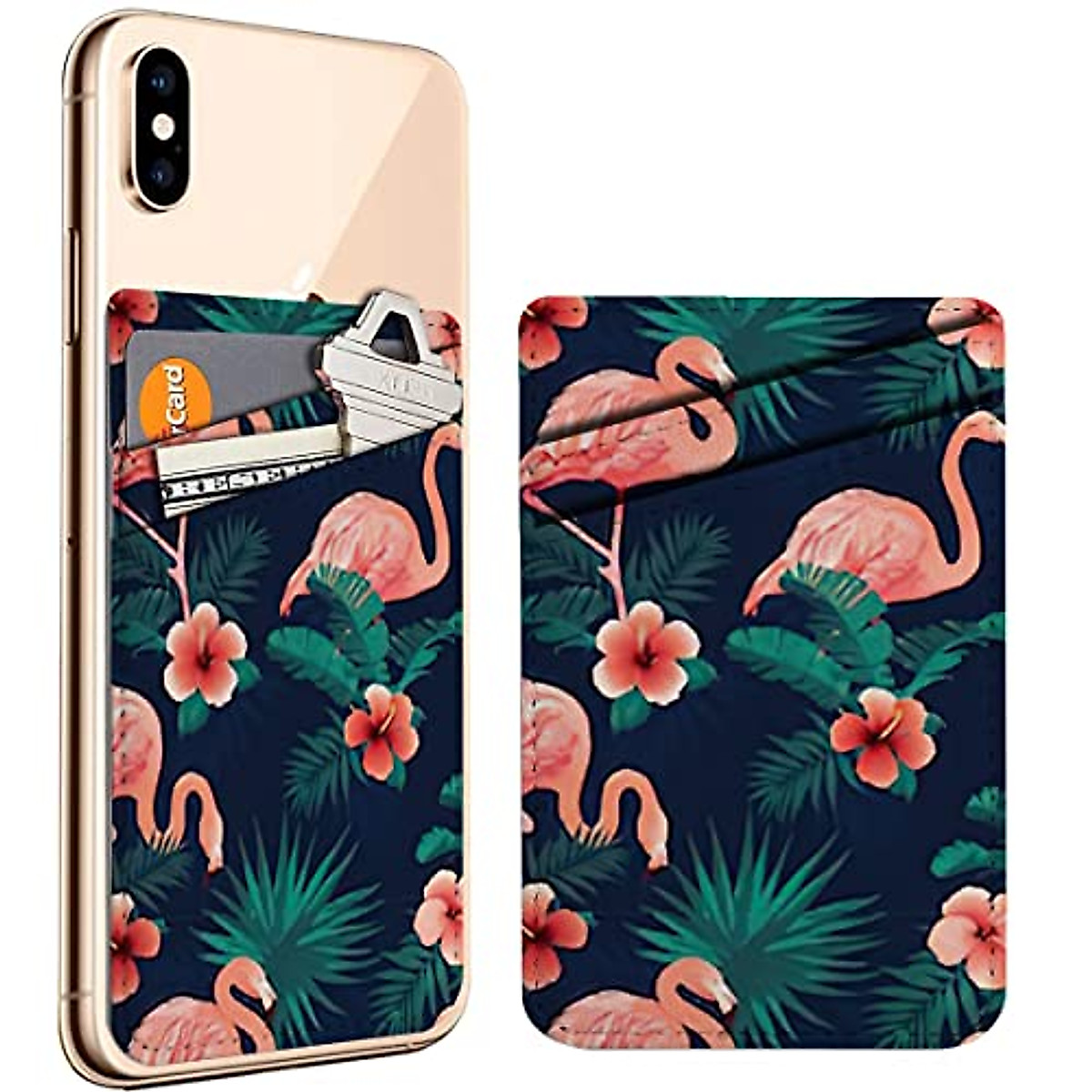Diascia Pack of 2 - Cellphone Stick on Leather Cardholder ( Beautiful Flamingo Bird Flowers Pattern Pattern ) ID Credit Card Pouch Wallet Pocket Sleeve