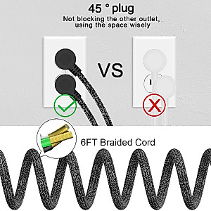 Power Strip with Phone Shelf, Yintar 6 Feet Long Braided Flat Plug Extension Cord with 3 Outlet and 4 USB Ports, Compact Size Charging Station for Home, Office, Dorm Essentials, Black