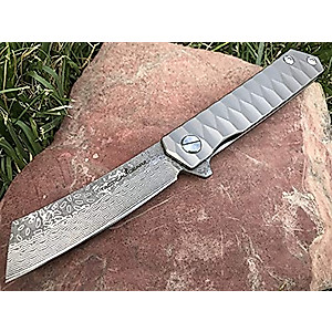 TACTICAL GEARZ Custom Damascus Steel EDC Pocket Folding Knife, Solid Tc4 Titanium Handle! Includes Sheath! For Outdoor Camping, Hiking, Gifts for Men, Birthday Gifts (Silver XS)
