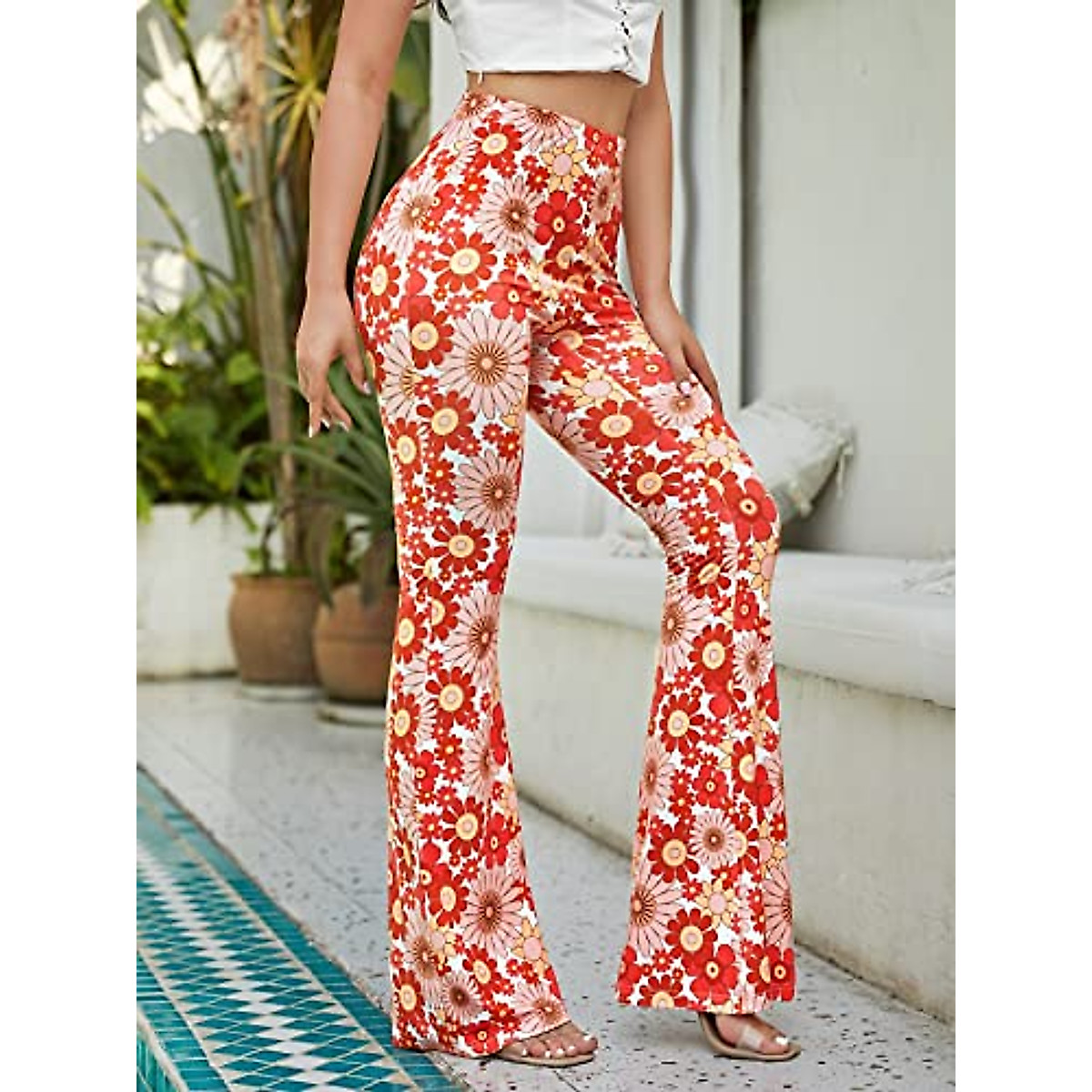 OYOANGLE Women's Floral Print High Waist Yoga Pants Wide Leg Pants Bell Bottom Trousers Multicolor Flower S