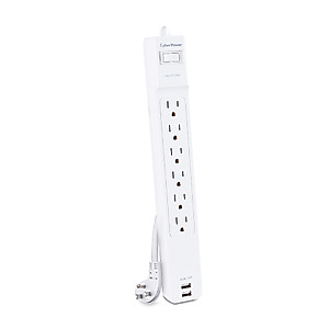 CyberPower CSP606U42A Professional Surge Protector, 900J/125V, 6 Outlets, 2 USB Charge Ports, 6ft Power Cord, White