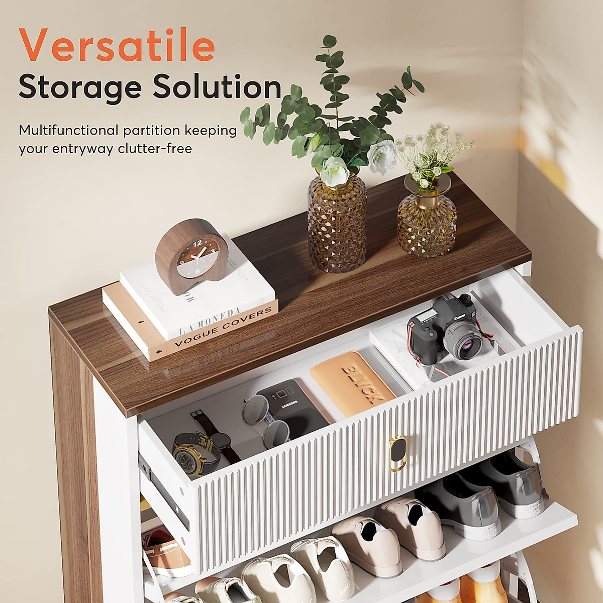 Tribesigns Shoe Cabinet for Entryway Slim: Shoe Storage Organizer Cabinet with 2 Flip Drawers, Wooden Shoe Rack with Gold Metal Legs for Entrance, Hallway, Living Room, White & Brown