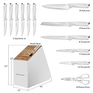 diamosteel White Knife Set with Block, 13 Pieces Knife Block Set with Built-in Sharpener Scissors for Kitchen, High Carbon Stainless Steel Knife Set