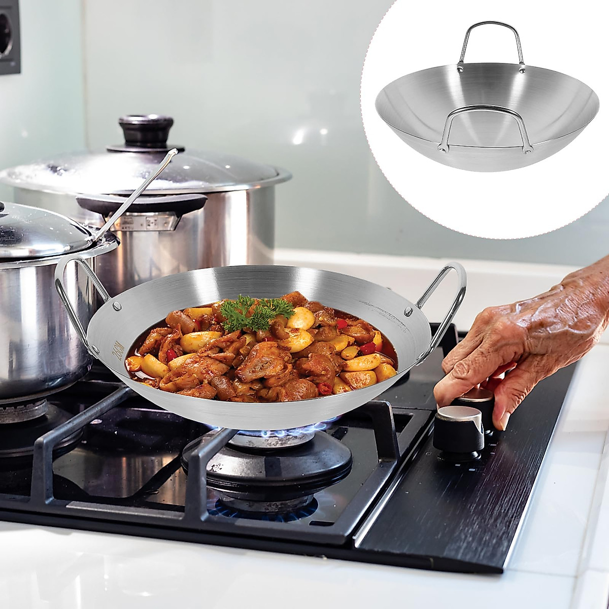 BESTonZON 10 inch Stainless Steel Wok, Dual Handled Wok Round Bottom Wok Traditional Style Frying Pan Cooking Pot for Kitchen Restaurant Home, 26cm Wok