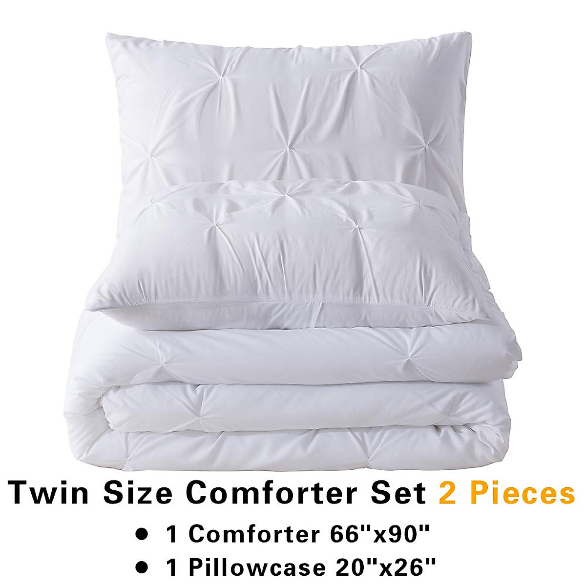 Andency White Twin Comforter Set (66x90Inch), 2 Pieces Cute Soft Pinch Pleat Bedding Comforters & Sets for Kids Girls, All Season Lightweight Fluffy Down Alternative Bed Set