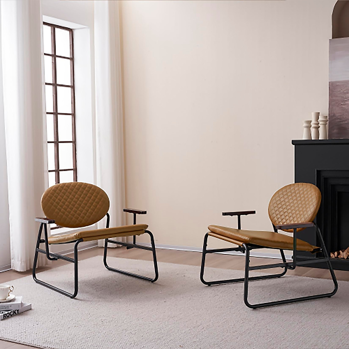 Finca ancha Saucer Accent Chair Office Reception Chair Upholstered Faux Leather Armchair Butacas para Sala Modernas with Metal Frame for Bedroom,Office (Brown+Leather)