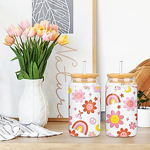 Whaline Boho Ice Coffee Cup 16oz Retro Groovy Glasses Cup with Bamboo Lids Glass Straw Cleaning Brushes Flowers Aesthetic Drinking Glasses Beer Glass Can for Cocktails Whiskey Beer Soda Gifts, 2Pcs