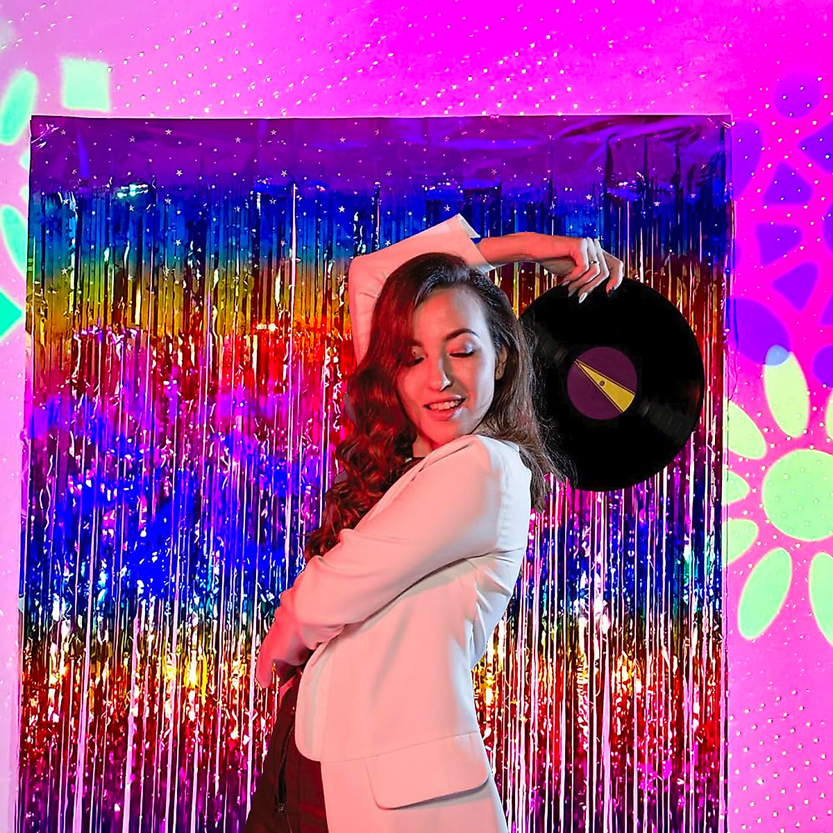 Sparkling Neon Rainbow Foil Fringe Curtain Backdrop Metallic Streamers Photo Booth Props for Birthday Bachelorette Gay Pride Day Graduation Wedding 80s 90s Disco Party Decorations- 2 Packs (3.3x6.6Ft)