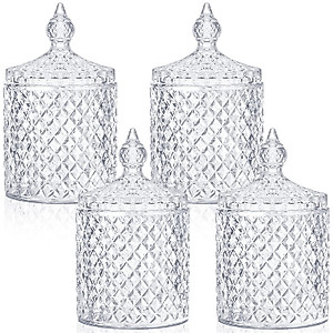 Aoriher 4 Pcs Crystal Glass Candy Jar with Lid Home Decorative Jar Glass Storage Bathroom Jars Jewelry Box Canister Jar for Cotton Swab Glass Jar for Kitchen Bathroom Pantry (Clear,Medium)