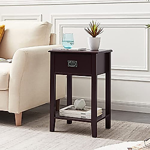 VECELO Nightstands Set of 2 End/Side Tables Living Room Bedroom Bedside, Vintage Accent Furniture Small Space, Solid Wood Legs, One Drawer, Black Walnut
