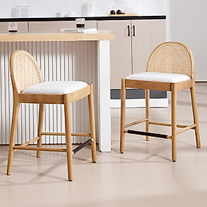 LukeAlon Modern Linen Counter Stools Set of 4, 26" Seat Height Low Bar Stools with Wooden Legs Natural Rattan Cane Back Counter Height Bar Chairs with Footrest for Home Pub Kitchen, Beige