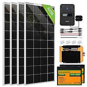 ECO-WORTHY 1.6KWH Complete Solar Panel Kit 400W 12V for RV Off Grid: 4*100W Bifacial Solar Panel + 40A MPPT Controller + 2*12V 100Ah Lithium Battery + Upgraded 2000W Power Inverter + Bluetooth Module
