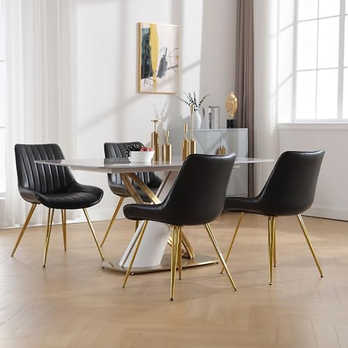 Shunzhi Mid-Century Modern Dining Chairs Set of 2 Black Leather Kitchen & Dining Room with Gold Legs Upholstered Kitchen Chairs Gold Accent Chairs Comfy Side Chairs with Back for Dining Living Room