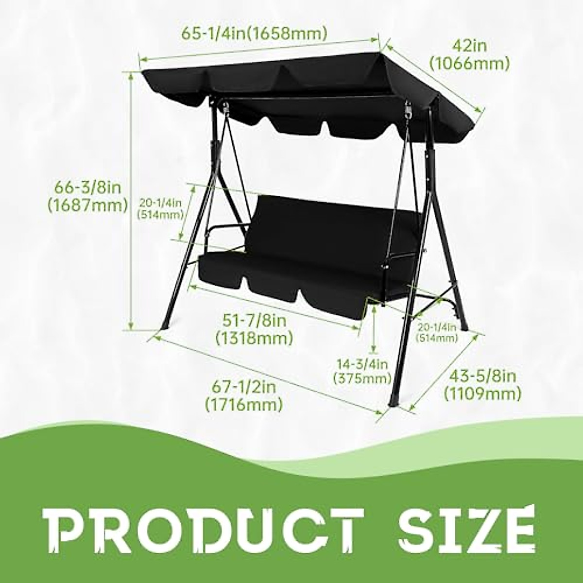 HECASA 3-Person Outdoor Swing Chair, Steel Porch Swing with Convertible Canopy & Removable Cushion for Patio, Garden, Poolside, Balcony and Backyard - Black