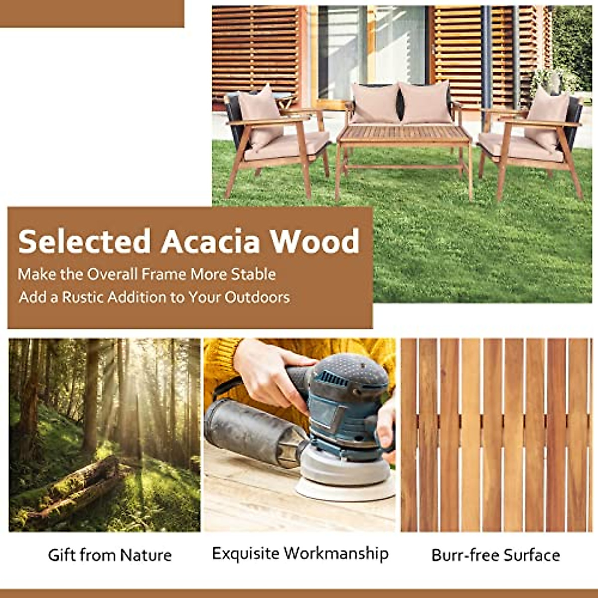 Tangkula 4-Piece Patio Furniture Set, Outdoor Acacia Wood Conversation Set with Cushions and Coffee Table, Outdoor PE Wicker Sectional Sofa Set for Garden, Poolside and Backyard (1, Beige)