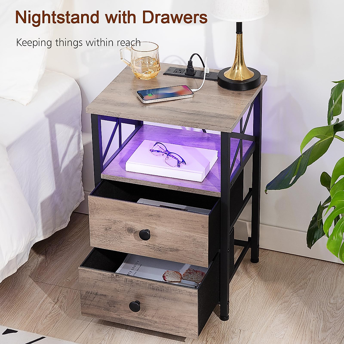 AMHANCIBLE Night Stand Set 2, LED Nightstands for Bedroom Set of 2 with Charging Station, End Table with USB Port and Outlet, Side Table with 2 Storage Drawers for Living Room, Greige, HET052LGY